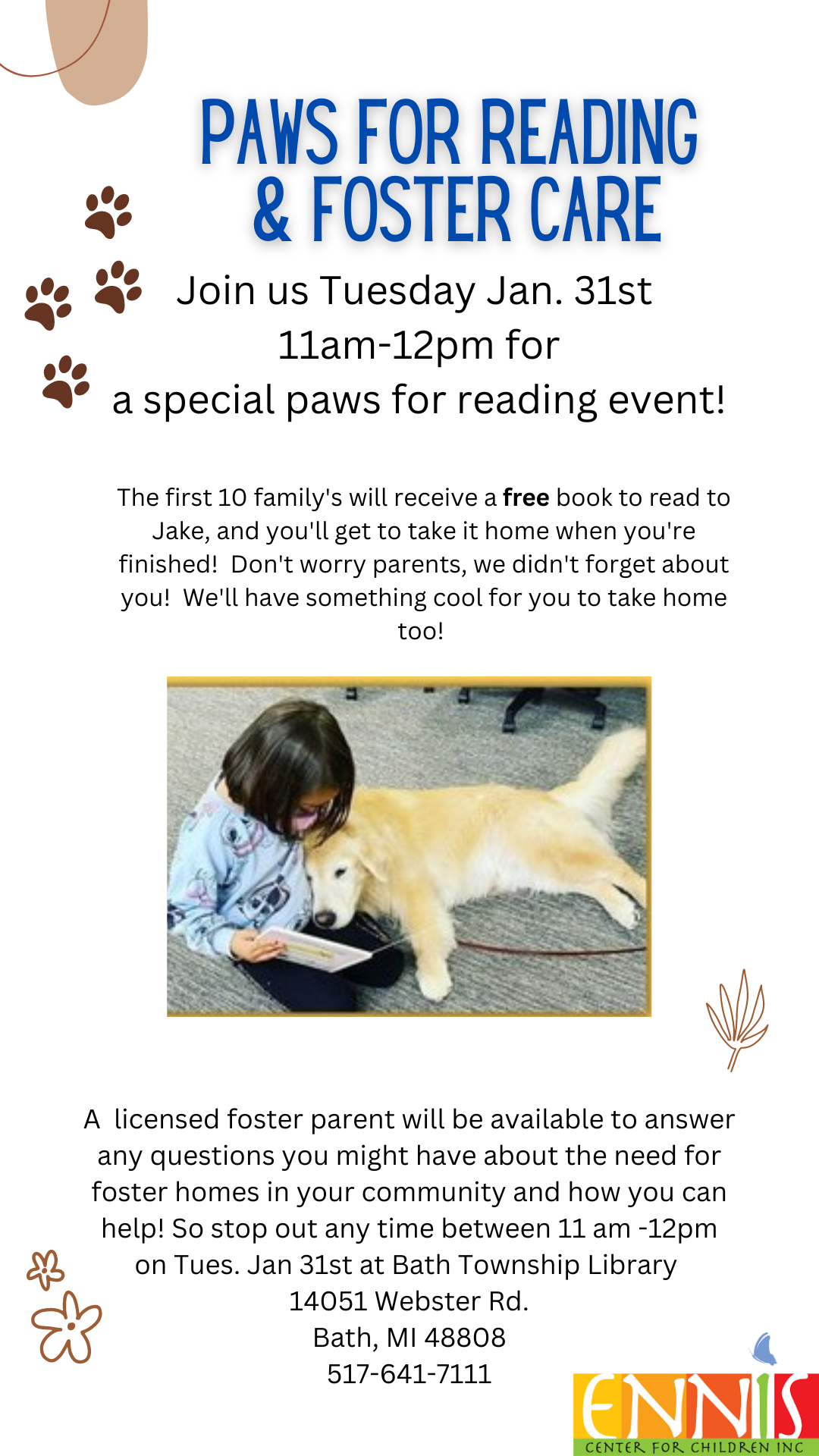 PAWS FOR READING & FOSTER CARE — Bath Township Public Library